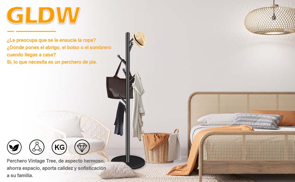 Perchero de pie, perchero para bolsos, perchero de metal con 8 ganchos, moderno perchero de pie ...