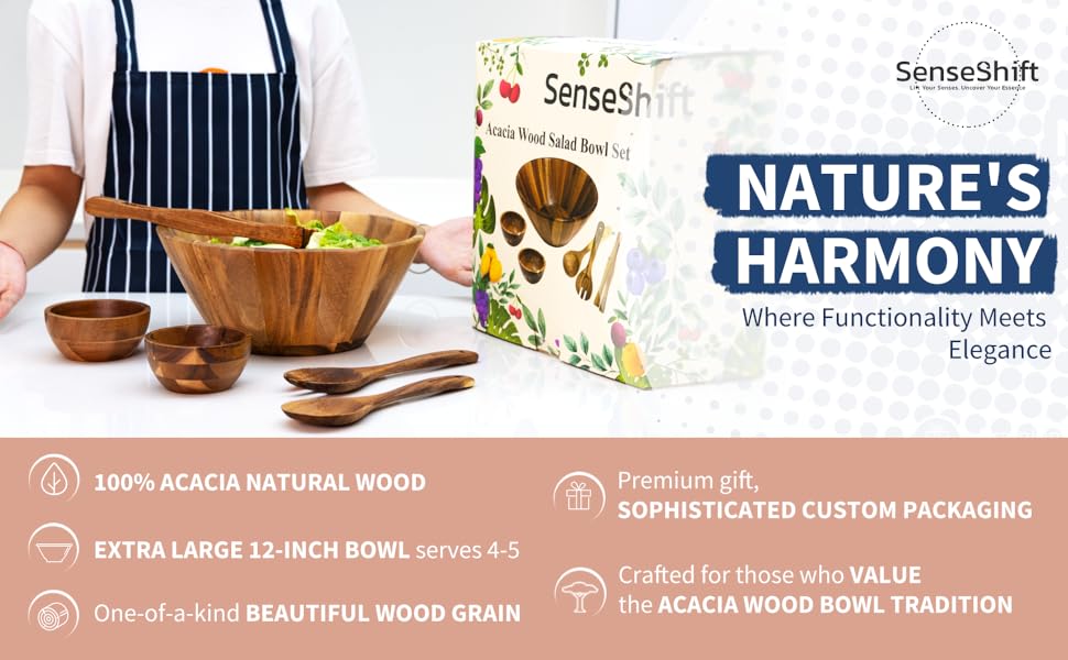 Amazon.com | SenseShift Acacia Wooden Salad Bowl Set - Large mixing bowl(12"), 2 Sauce Bowls, 3 ...