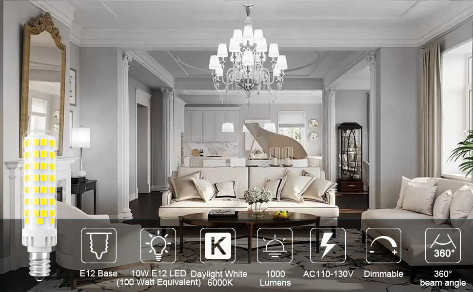 TAIYALOO Dimmable E12 Candelabra LED Light Bulbs 100W Equivalent, Daylight White 6000K, 1000 ...