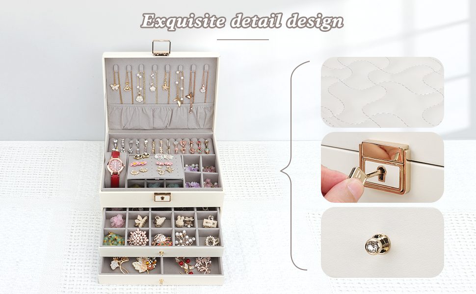 Amazon.com: DesignSter Jewelry Box,Jewelry Organizer with 2 Drawers, 3 Layers Leather Jewelry ...