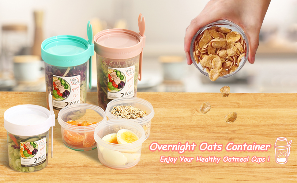 Amazon.com: 2 Pack Reusable Leak-Proof Overnight Oats Container with Dual-Layer Compartment ...