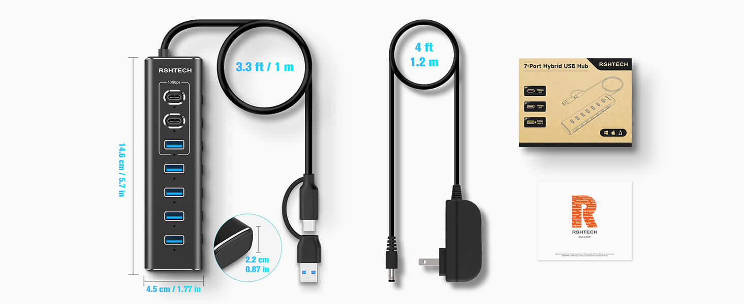 RSHTECH Powered USB 3.1/3.2 Hub, 7-Port USBC Hub with 3x 10Gbps Data ...