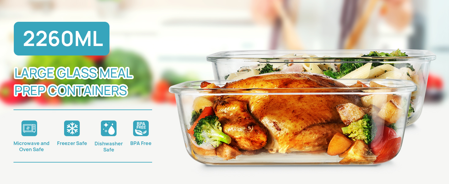 Amazon.com - Vtopmart 2Pack 2260ml/ 76.4oz Large Glass Storage Containers with Lids, Meal Prep ...