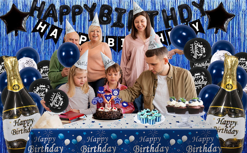 Amazon.com: Blue Black Happy Birthday Decorations for Men Women Boys ...