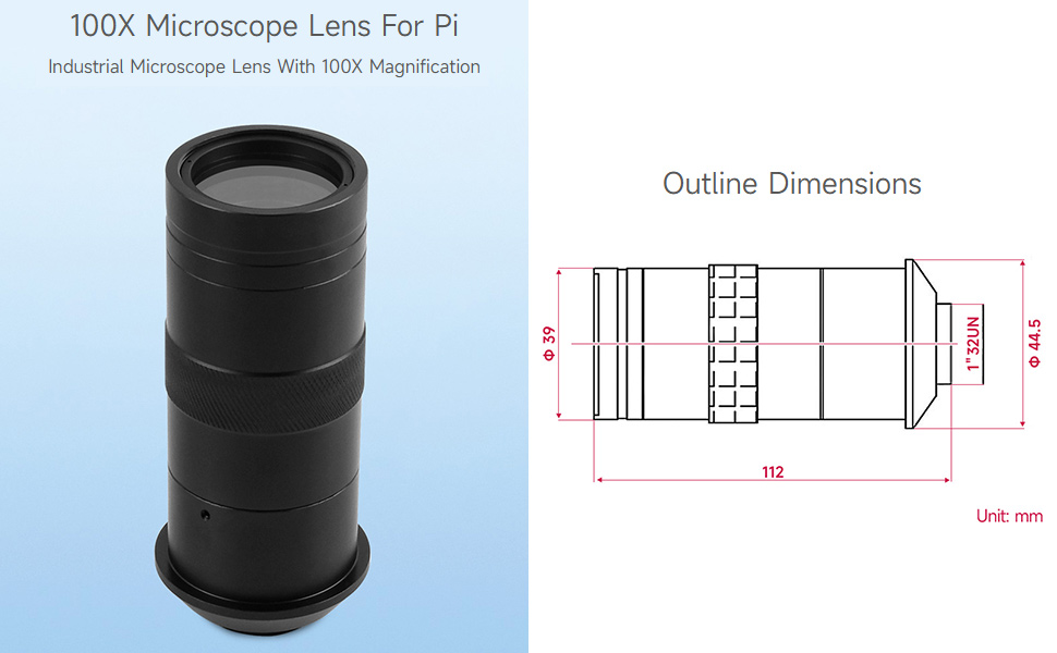 Waveshare 100X Industrial Microscope Lens, C/CS-Mount, Compatible with Raspberry Pi HQ Camera ...