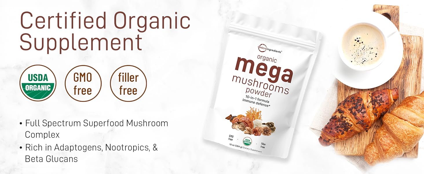 Amazon.com: Micro Ingredients Organic Mega Mushroom Powder,10 Ounce (284 Days Supply) | 10 in 1 ...