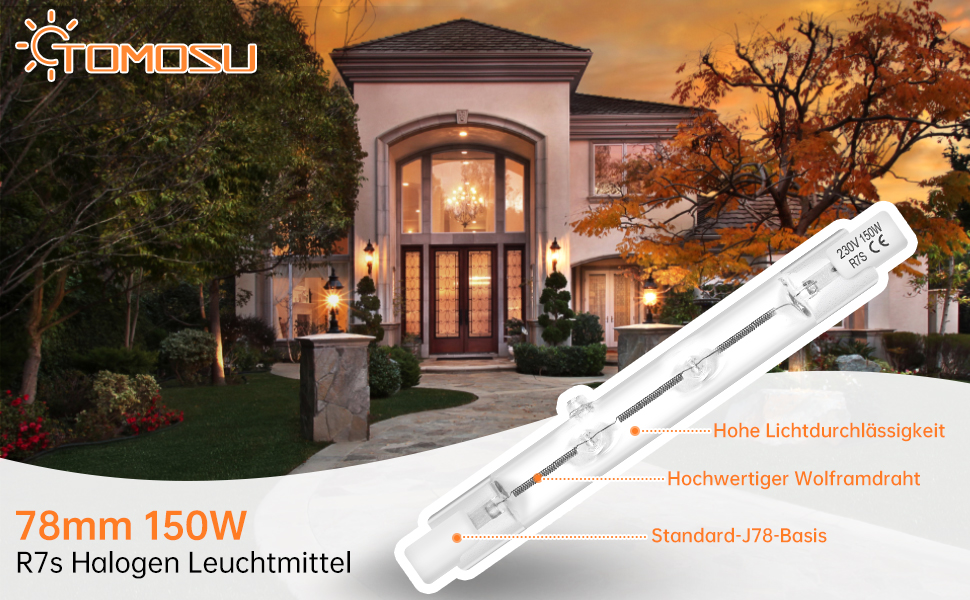 Tomosu 6 Stück R7s Halogenstab 78mm 150W Dimmbar R7s Halogen Leuchtmittel Warmweiß 2800K 2880LM ...
