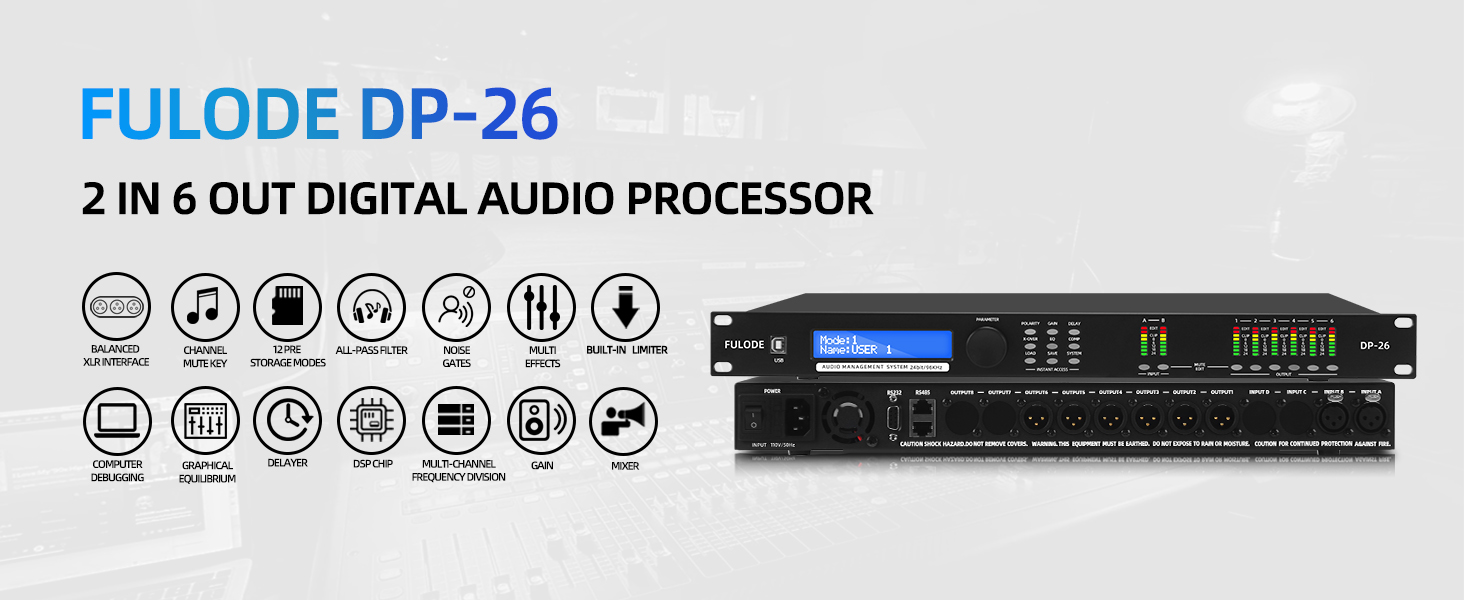 Amazon.com: FULODE DP-26 2-In/6-Out Professional Digital Audio Processor, DSP Loudspeaker ...