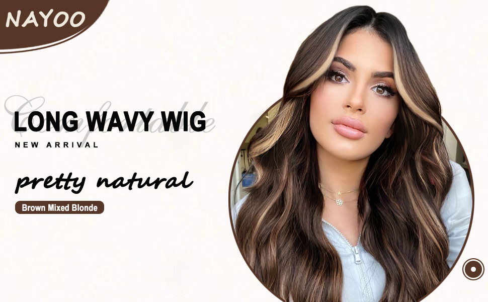 Amazon.com : NAYOO Long Brown Mixed Blonde Wavy Wig for Women 26 Inch Middle Part Curly Wavy Wig ...