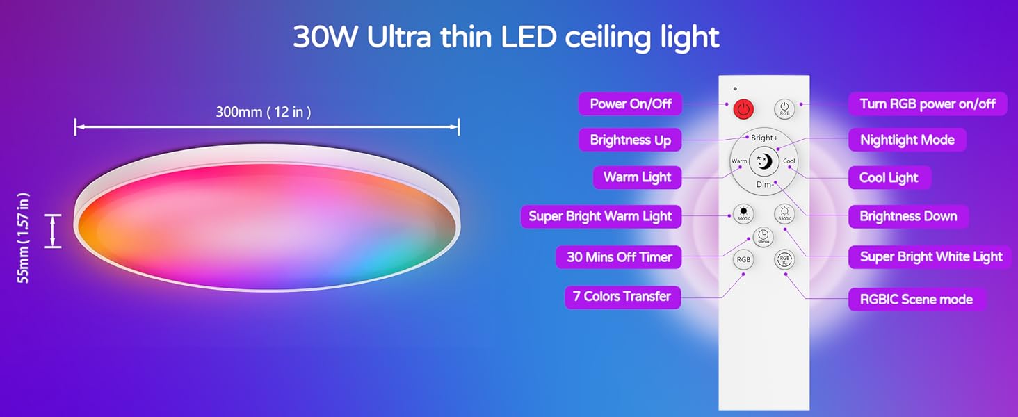 KYFGDLA Smart LED Ceiling Light Fixtures 30W | 12inch Flush Mount ...