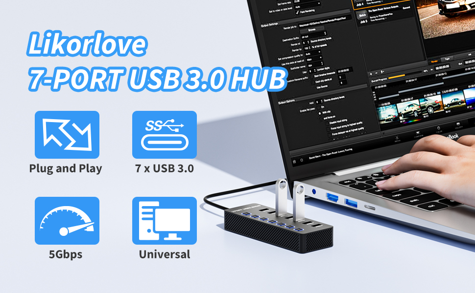 Likorlove USB Hub 3.0 mit verlängertem 100cm Kabel, Ultra dünn USB Hub auf 7 USB 3.0 mit ...