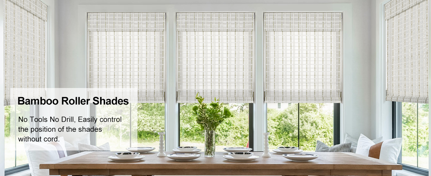 Amazon.com: LazBlinds No Tools No Drill Bamboo Roller Shades, Cordless ...