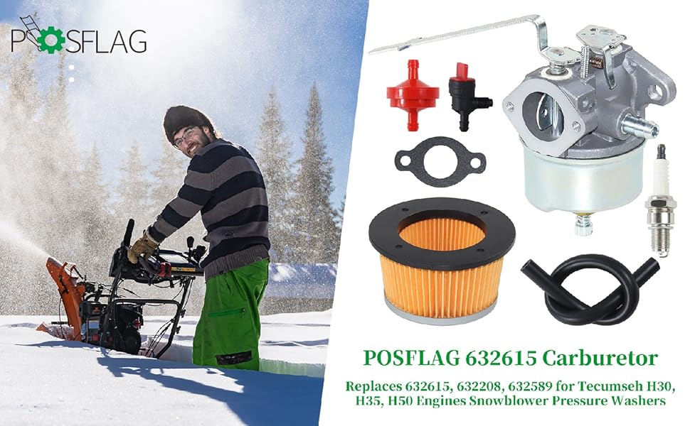 Amazon.com: POSFLAG 632615 Carburetor Replaces Tecumseh 632615, 632208, 632589 for Tecumseh H30 ...