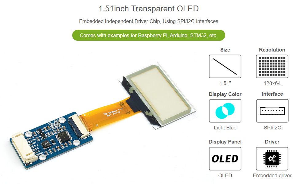 Amazon.com: waveshare 1.51inch Transparent OLED 128×64 Resolution ...