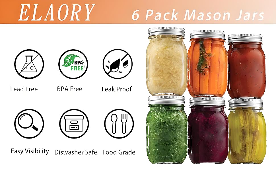 Amazon.com: ELAORY Classic 16 Oz Mason Jars, 6 Pack Canning Jars, Regular Mouth, Airtight & Leak ...