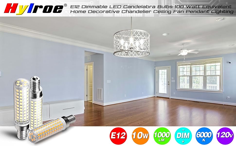 Hylroe Dimmable E12 C7 LED Candelabra Light Bulb 10W Equivalent 100W 6000K Daylight White 1000 ...