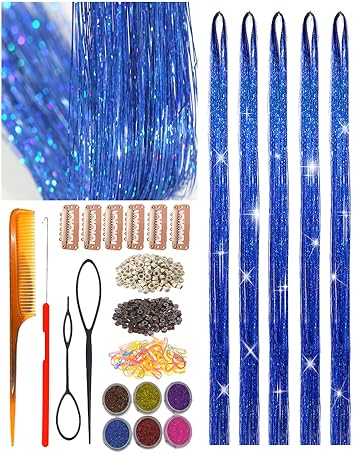 Amazon.com : CelineBella Blue Hair Tinsel Kit,Fairy Hair Tinsel Extensions,Heat Resistant ...