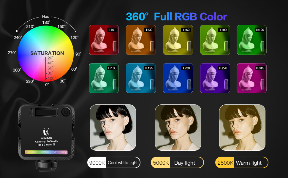 LED Video Light with PC Clip, DF DIGITALFOTO W64 RGB Rechargeable and Dimmable Mini 360° Full ...