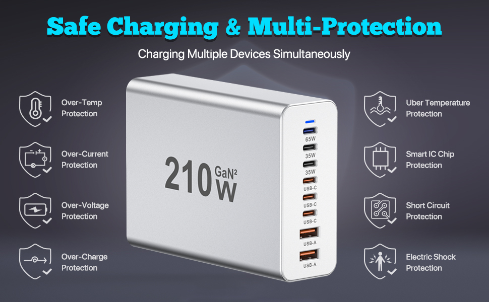 Amazon.com: USB C Charger 210W Block, GaN 8-Port USB-C PD Fast Charging Station Desktop Hub ...