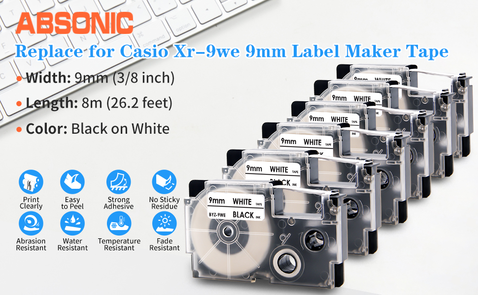 Amazon.com: Absonic XR-9WE2S 9mm Label Tape Replace for Casio Xr-9we Label Maker Tape Use with ...