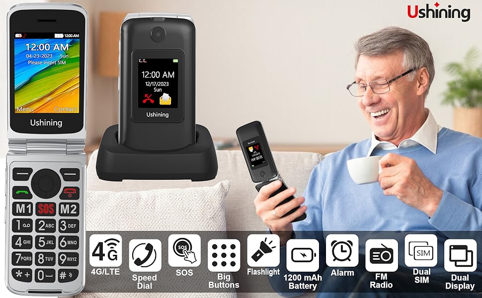 USHINING 4G Seniorenhandy ohne Vertrag, Klapphandy Großtasten Handy für Senioren mit 2,8 und 1 ...