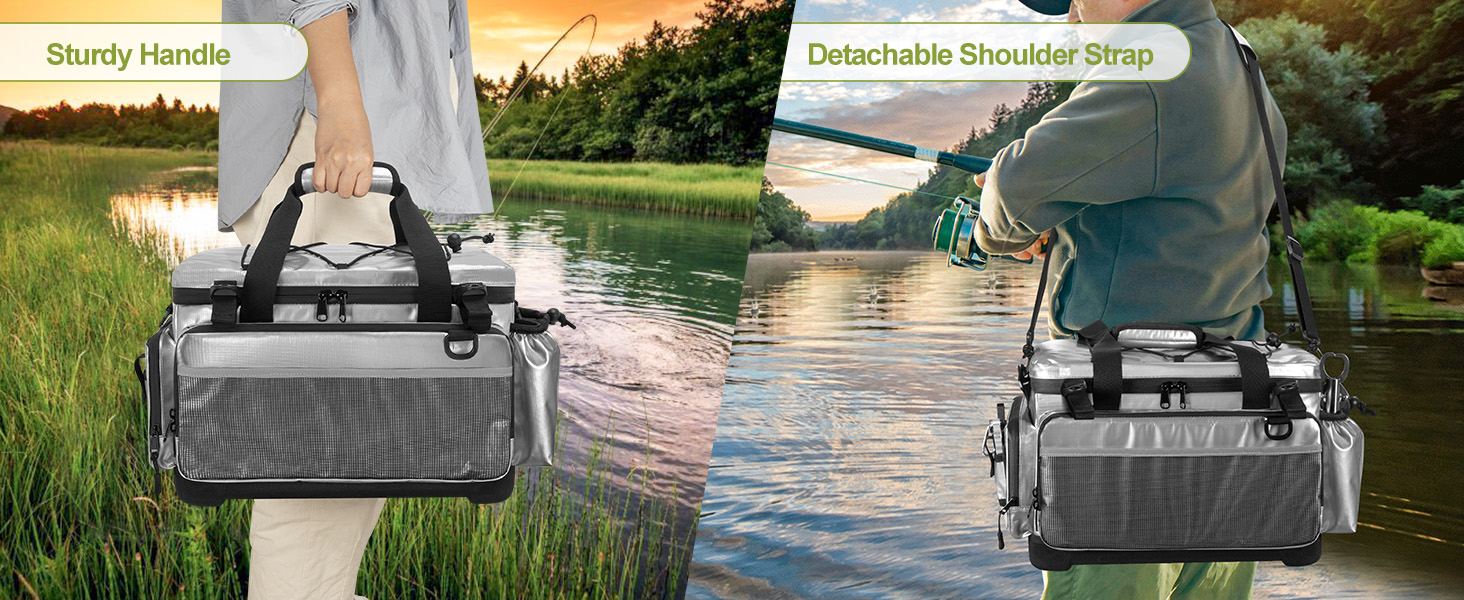 Rexmica Fishing Tackle Bag with EVA Hard Bottom and Rod Holder, Water-Resistant Fishing Tackle ...