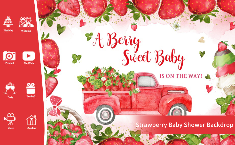 Amazon.com : Duluxykl Strawberry Baby Shower Backdrop for Girl A Berry Sweet Baby is On The Way ...