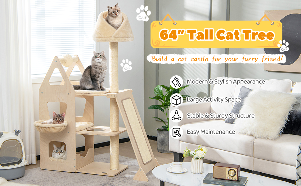 Amazon.com : Tangkula Modern Wood Cat Tree for Indoor Cats, 64 Inch Multi-Level Tall Cat Tree ...