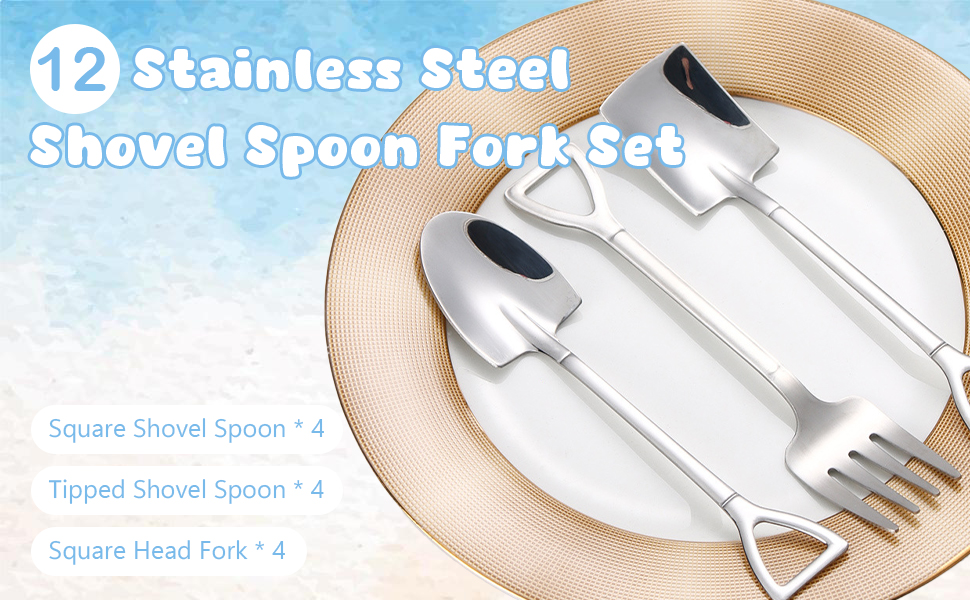 TPBSITNS 12PCS Shovel Spoon Fork Set, Stainless Steel Spade Shape Dessert Spoons Tableware ...