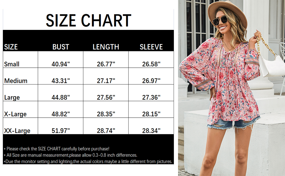 Vogebund Womens Casual Peasant Tops Floral Print Bohemian Beach Shirt ...