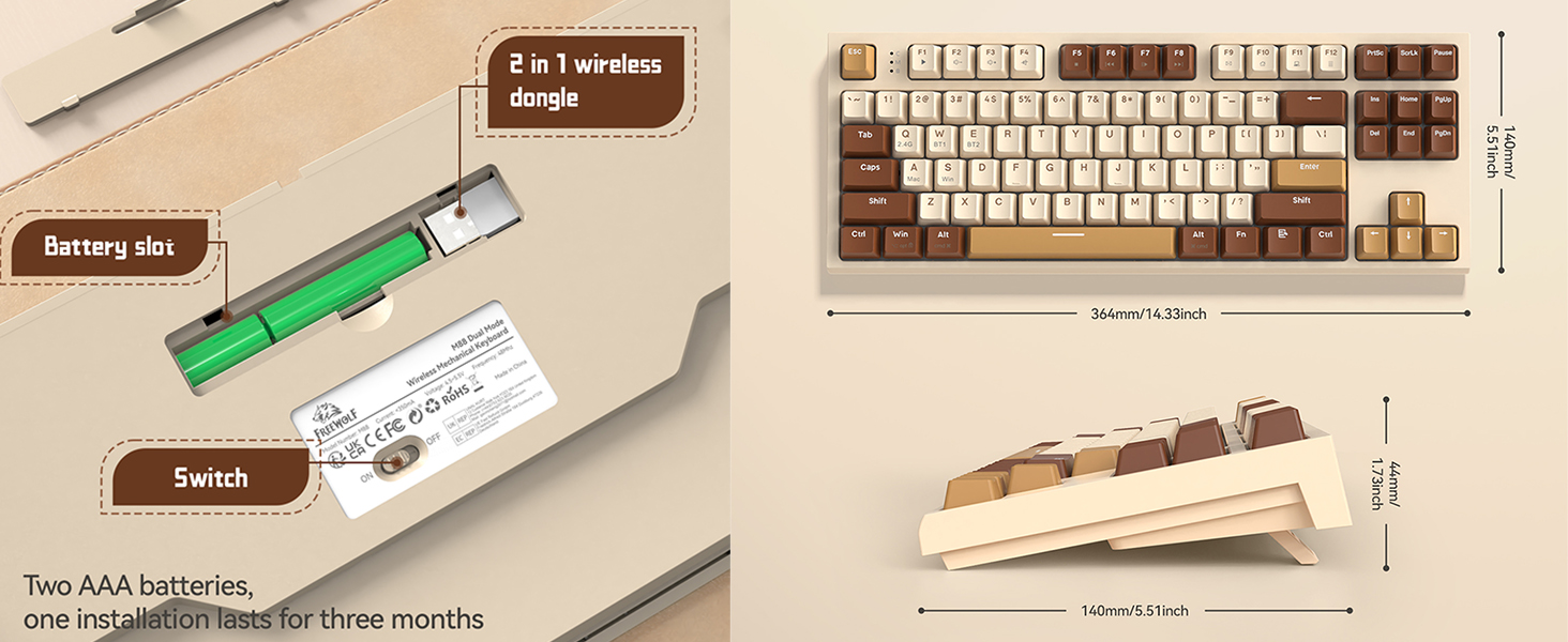 FREEWOLF M88 Wireless Gaming Keyboard, Hot Swappable TKL Mechanical Keyboard, Bluetooth/2.4Ghz ...