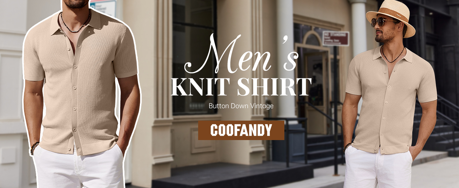 Amazon.com: COOFANDY Men's Vintage Knit Shirt Short Sleeve Button Down Polo Shirts for Summer ...