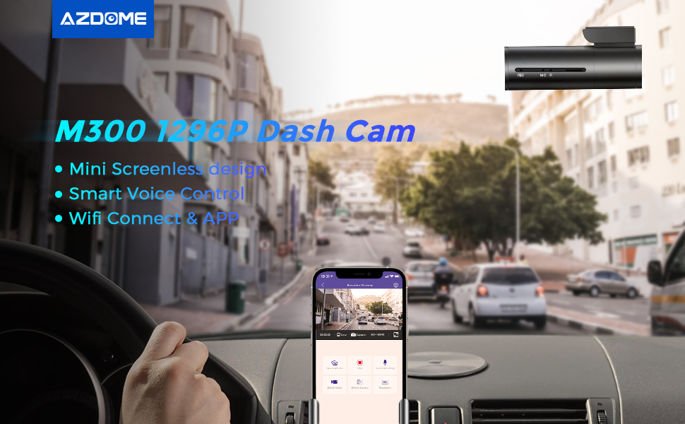 AZDOME Dashcam 1296P WiFi met app-bediening, spraakbediening, 170 graden groothoek, G-sensor ...
