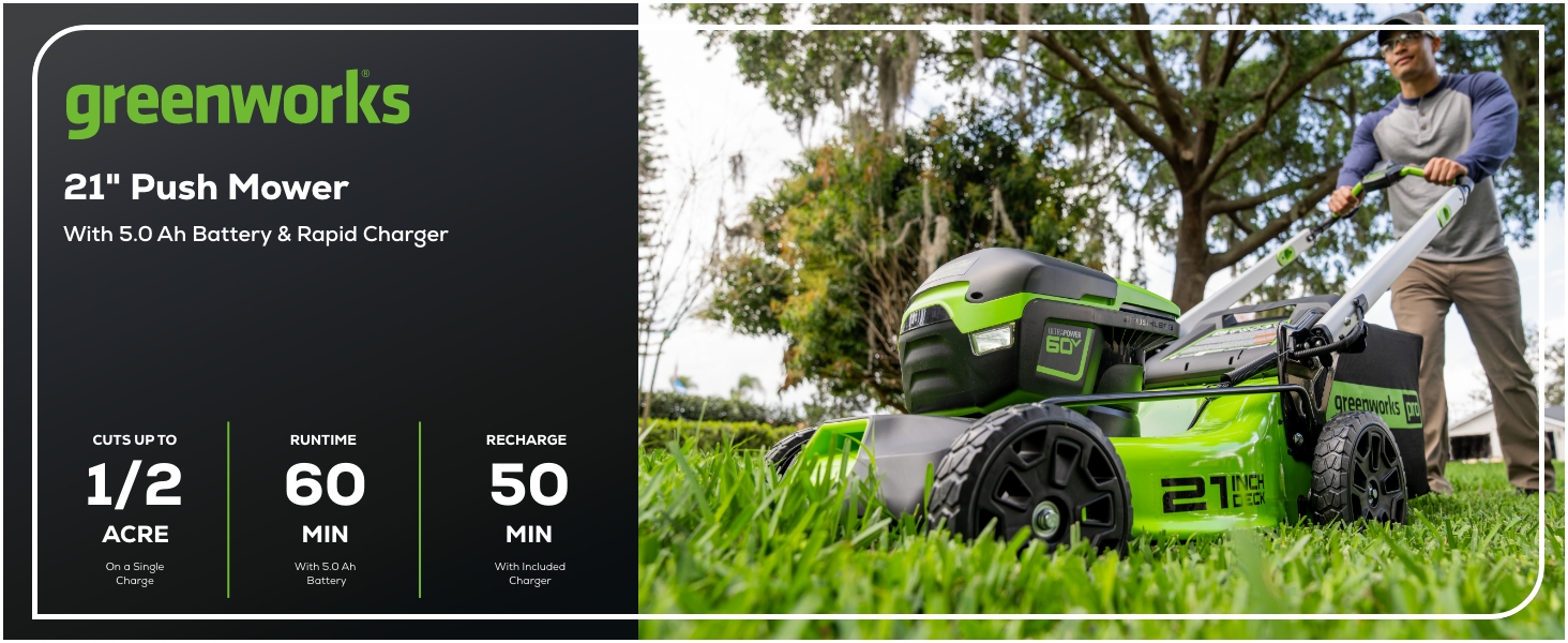 Amazon.com : Greenworks 60V 21” Cordless (Push) Lawn Mower (LED Lights + Aluminum Handles), 5 ...