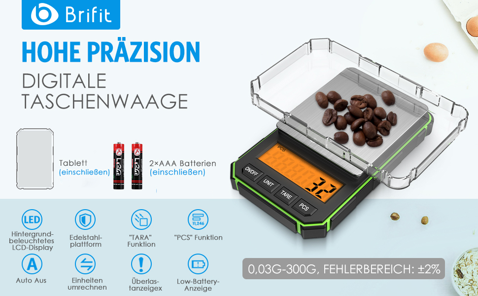 Brifit Feinwaage 0.01g, 300g / 0,01g Taschenwaage, Digitale Waage, Grammwaage Goldwaage ...