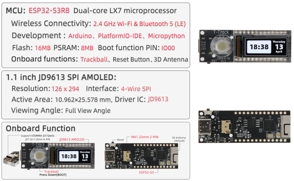 Amazon.com: LILYGO T-Track ESP32-S3 AMOLED Trackball TTGO Development Board ESP32-S3R8 WiFi ...