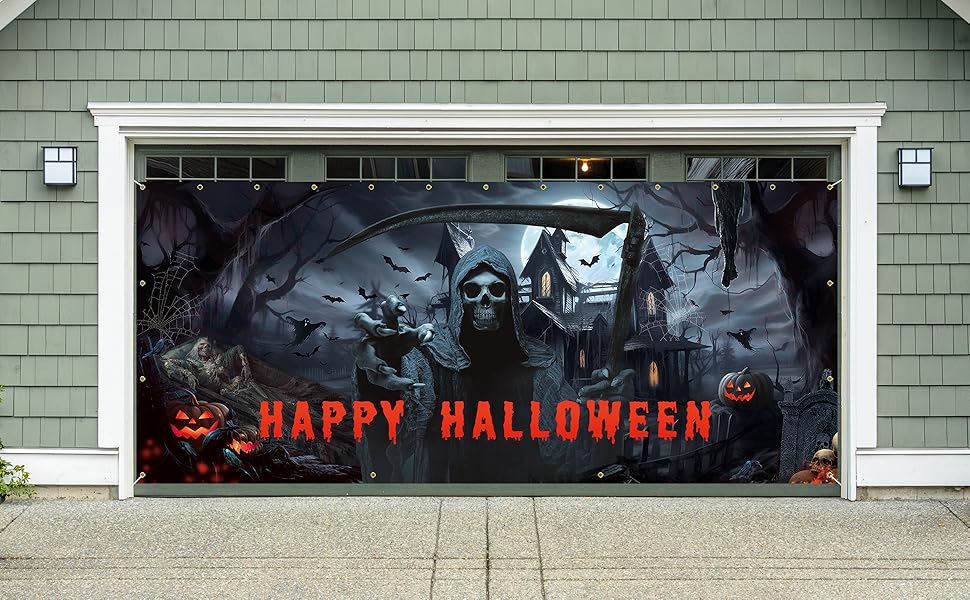 Amazon.com: Crenics Halloween Garage Door Decorations 7 x 16 Ft, Scary Halloween Garage Door ...