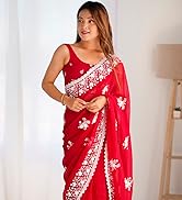 Buy AKHILAM Women's Beige Shimmer Organza Sequence Embroidery Saree With Unstitched Blouse Piece ...