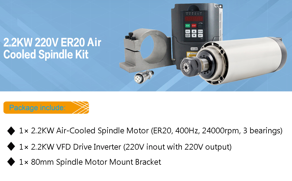 RATTMMOTOR CNC 2.2KW Air Cooled Spindle Motor Kit 220V Spindle Motor ER20 80mm 24000RPM+2.2KW ...