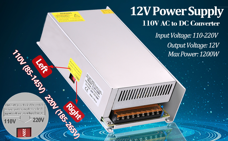 DC 12V 100A 1200W Strömförsörjning Adapter Transformator 110/230V AC till DC 12V Power Supply ...