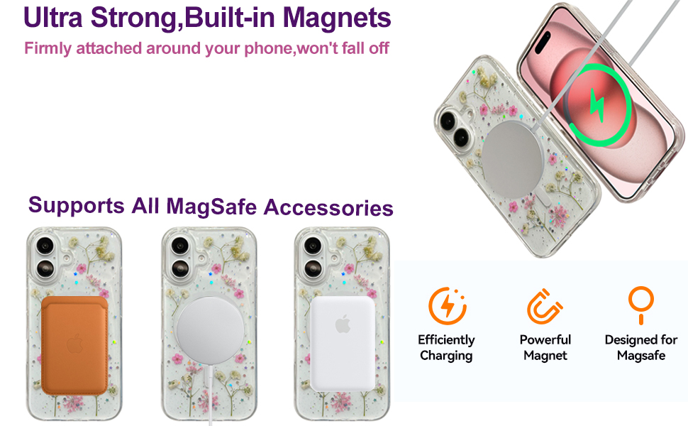 Amazon.com: ASONCE Cute Real Flowers for iPhone 16 Plus Case [Compatible with MagSafe] Glitter ...