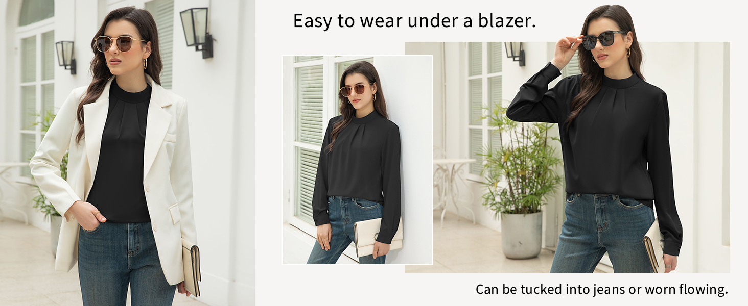 Funlingo Women's Long Sleeve Tops Dressy Casual Mock Neck Work Blouse Fall Trendy Front Pleated ...