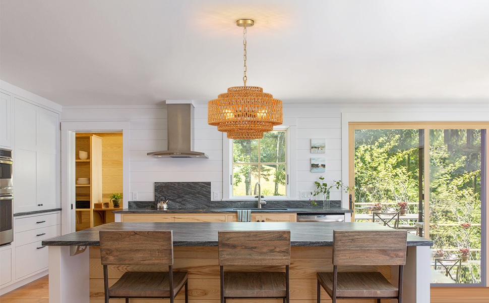 Tunkayli Hand-Woven Rattan Chandelier 20in Boho Chandelier Vintage ...