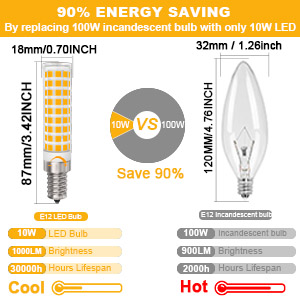 E12 100W Dimmable Replacement LED Candelabra Bulbs C7,3000K Warm White,AC120V 10W 1000 Lumen T6 ...