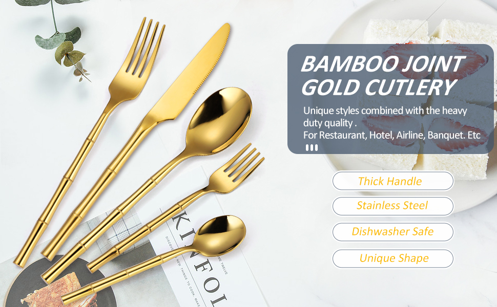 Amazon.com | Bamboo Flatware Set Gold Silverware Set Stainless Steel Cutlery Set 20 Pieces with ...