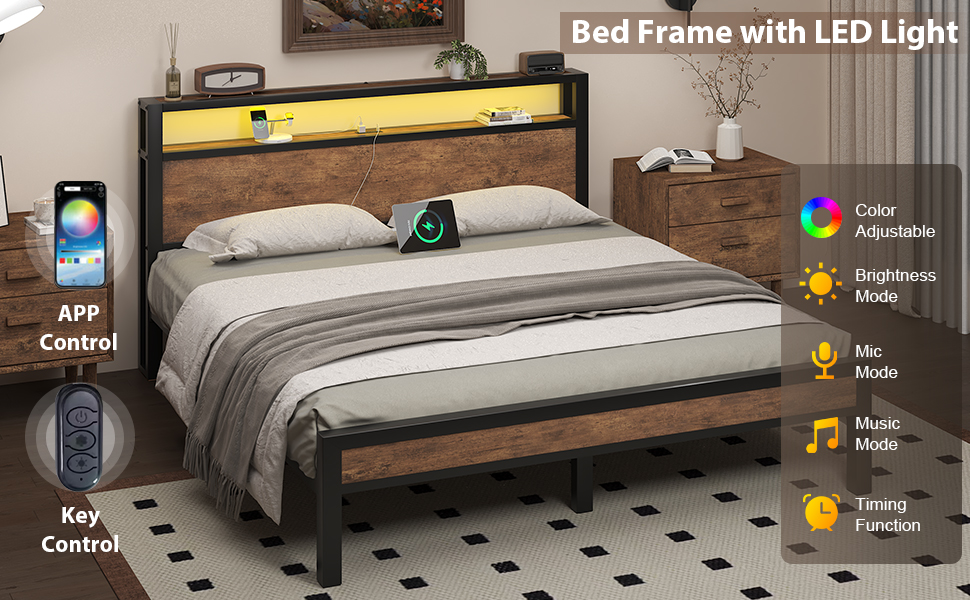 Amazon.com: Queen Size Bed Frame with Storage Headboard, Industrial ...