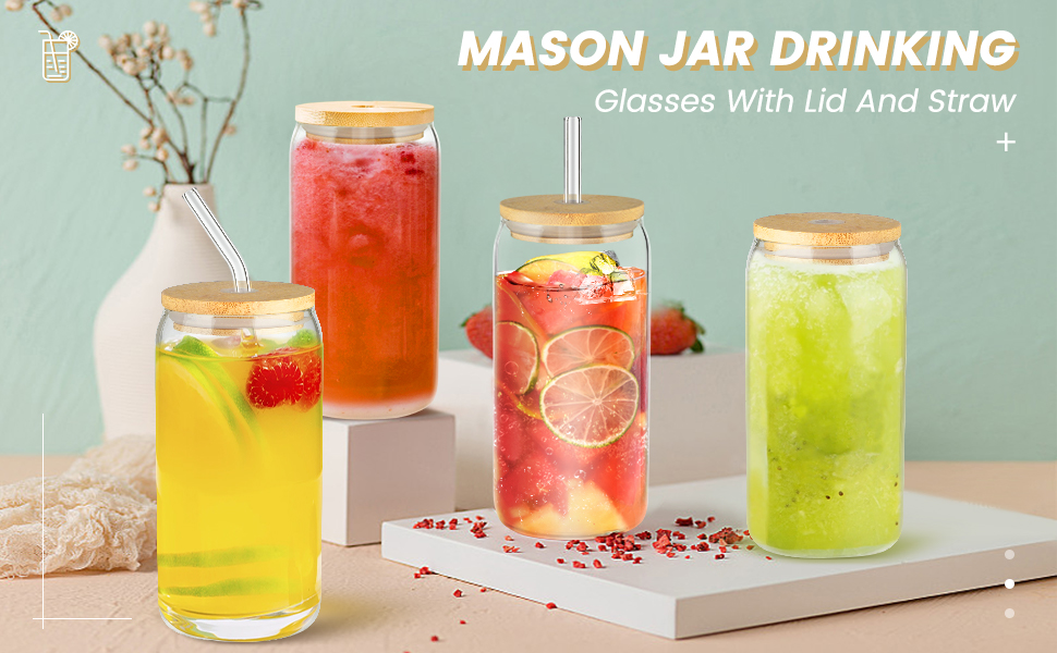 4 Pack 16 Oz Beer Can Glass Cup Iced Coffee Cups With Bamboo Lid And
