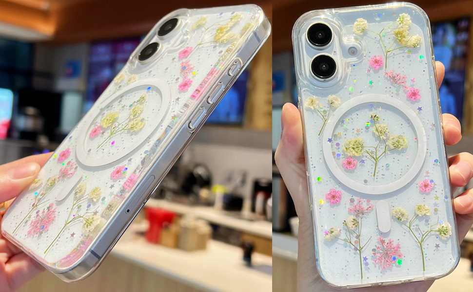 Amazon.com: ASONCE Cute Real Flowers for iPhone 16 Plus Case [Compatible with MagSafe] Glitter ...