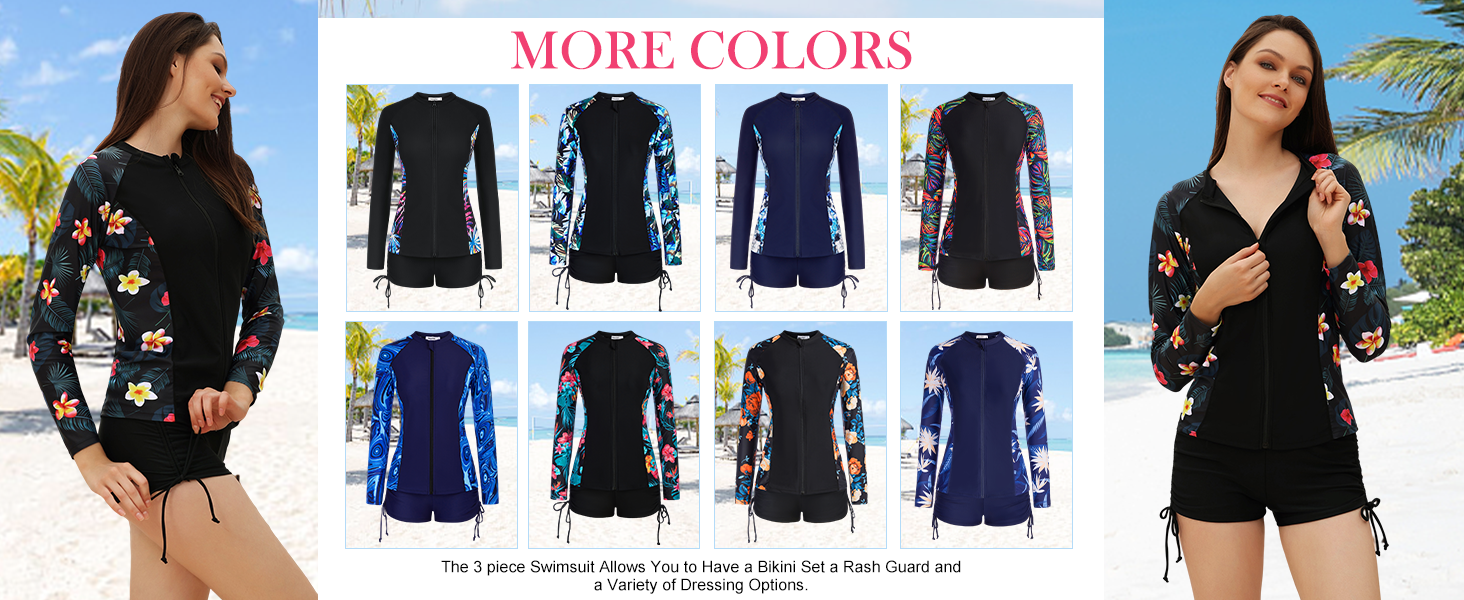 JASAMBAC Womens Rash Guard UV UPF 50+ Long Sleeve Zip Up 3 Piece Swimsuit Boyshort with Bikini ...