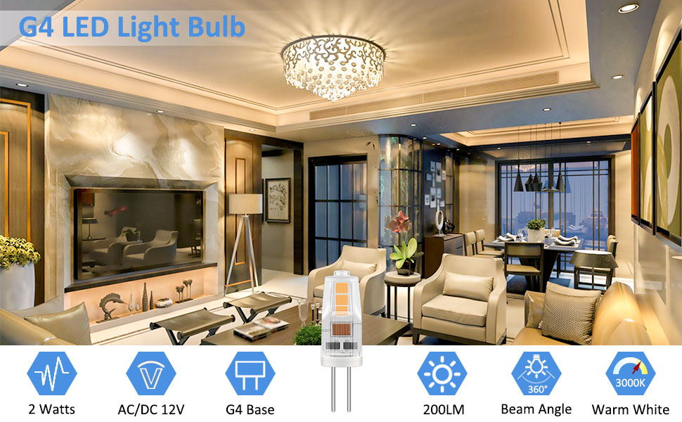 6 Pack G4 LED Bulbs 2W, AC/DC 12V, Equivalent to G4 20W Halogen Bulb, Warm White 3000K, 200LM ...